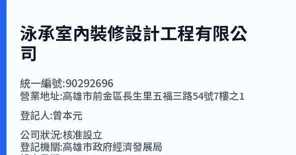 泳承室內裝修設計工程有限公司的照片-統編 90292696(高雄市) 公司登記資料與營業項目詳細圖表