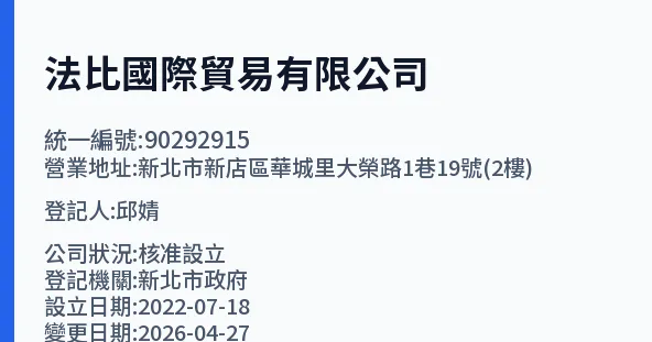 法比國際貿易有限公司的照片-統編 90292915(新北市) 公司登記資料與營業項目詳細圖表