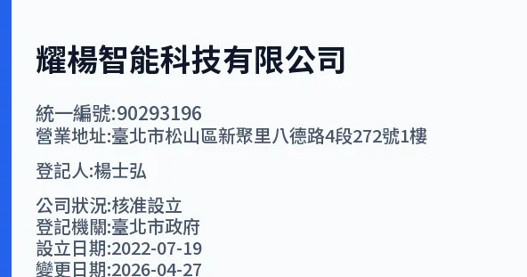 耀楊智能科技有限公司的照片-統編 90293196(臺北市) 公司登記資料與營業項目詳細圖表