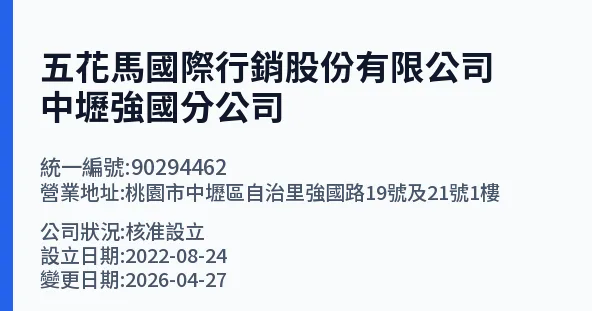 五花馬國際行銷股份有限公司中壢強國分公司的照片-統編 90294462(桃園市) 公司登記資料與營業項目詳細圖表