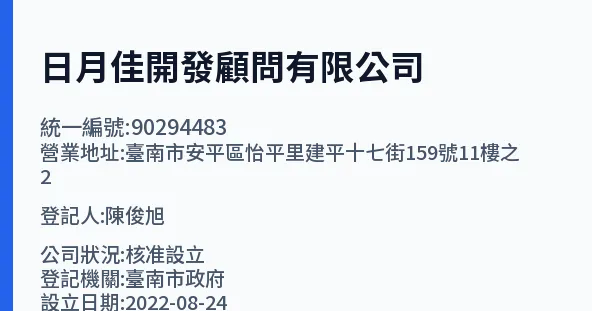日月佳開發顧問有限公司的照片-統編 90294483(臺南市) 公司登記資料與營業項目詳細圖表