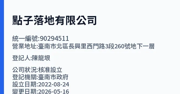 點子落地有限公司的照片-統編 90294511(臺南市) 公司登記資料與營業項目詳細圖表