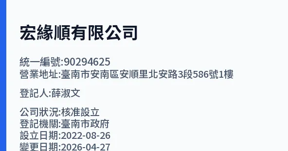 宏緣順有限公司的照片-統編 90294625(臺南市) 公司登記資料與營業項目詳細圖表