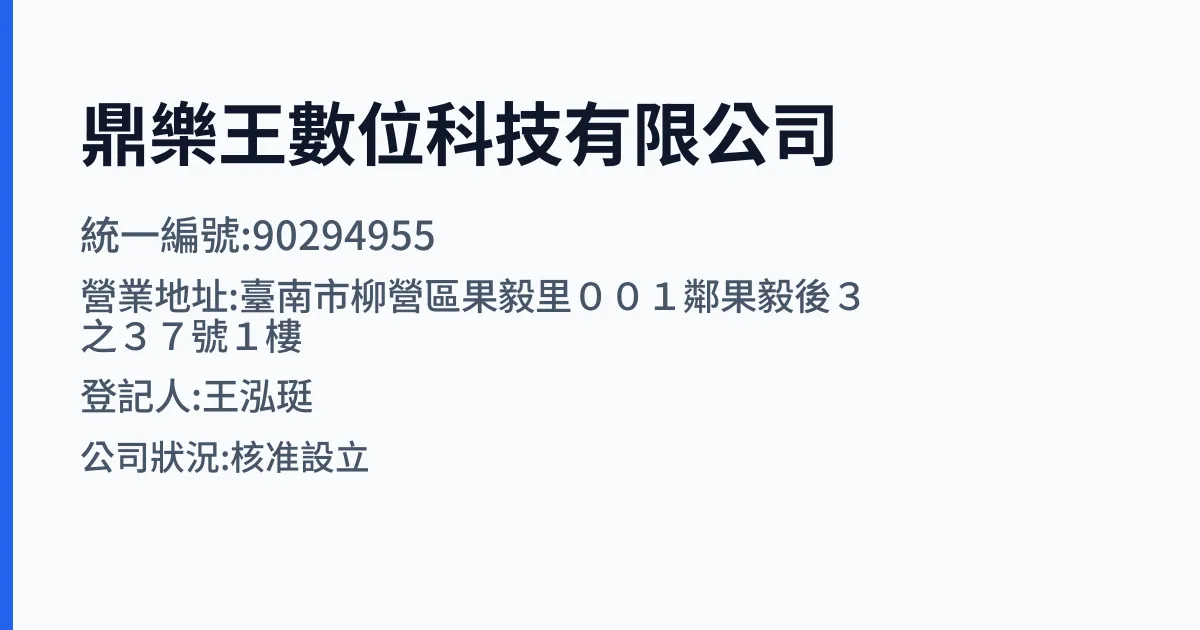 鼎樂王數位科技有限公司 - 統編 90294955（臺南市） 公司登記資料與營業項目詳細圖表