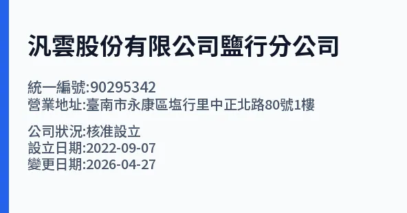 汎雲股份有限公司鹽行分公司的照片-統編 90295342(臺南市) 公司登記資料與營業項目詳細圖表