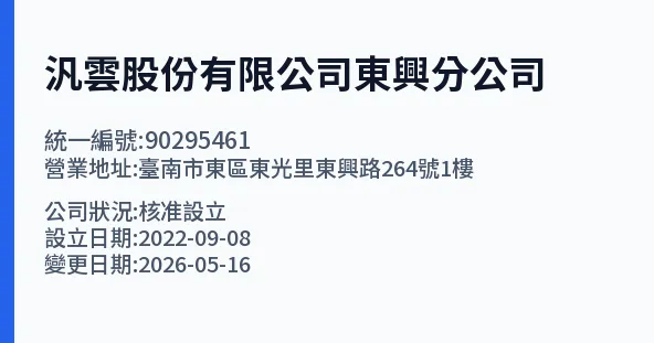 汎雲股份有限公司東興分公司的照片-統編 90295461(臺南市) 公司登記資料與營業項目詳細圖表