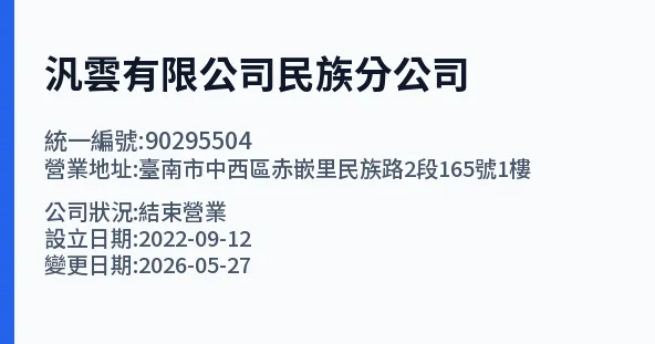 汎雲有限公司民族分公司的照片-統編 90295504(臺南市) 公司登記資料與營業項目詳細圖表