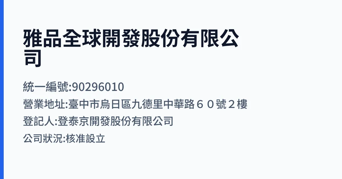 雅品全球開發股份有限公司 - 統編 90296010(臺中市) 公司登記資料與營業項目詳細圖表