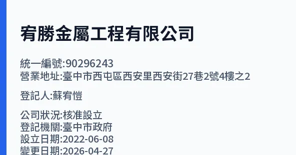 宥勝金屬工程有限公司的照片-統編 90296243(臺中市) 公司登記資料與營業項目詳細圖表