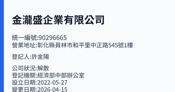 金瀧盛企業有限公司的照片-統編 90296665(彰化縣) 公司登記資料與營業項目詳細圖表