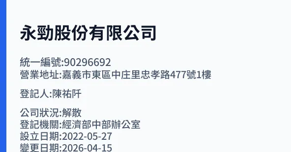 永勁股份有限公司的照片-統編 90296692(嘉義市) 公司登記資料與營業項目詳細圖表