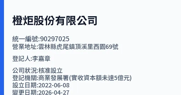 橙炬股份有限公司的照片-統編 90297025(雲林縣) 公司登記資料與營業項目詳細圖表