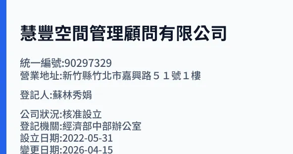 慧豐空間管理顧問有限公司的照片-統編 90297329(新竹縣) 公司登記資料與營業項目詳細圖表