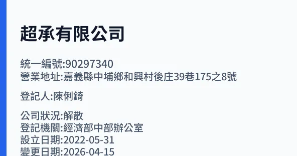 超承有限公司的照片-統編 90297340(嘉義縣) 公司登記資料與營業項目詳細圖表