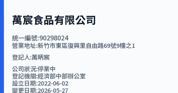 萬宸食品有限公司的照片-統編 90298024(新竹市) 公司登記資料與營業項目詳細圖表