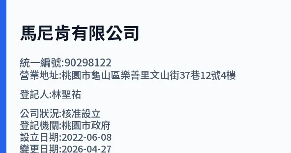 馬尼肯有限公司的照片-統編 90298122(桃園市) 公司登記資料與營業項目詳細圖表