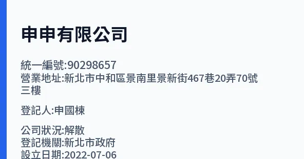 申申有限公司的照片-統編 90298657(新北市) 公司登記資料與營業項目詳細圖表