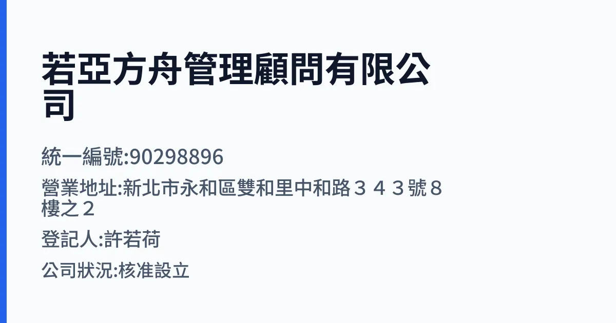 若亞方舟管理顧問有限公司 - 統編 90298896(新北市) 公司登記資料與營業項目詳細圖表