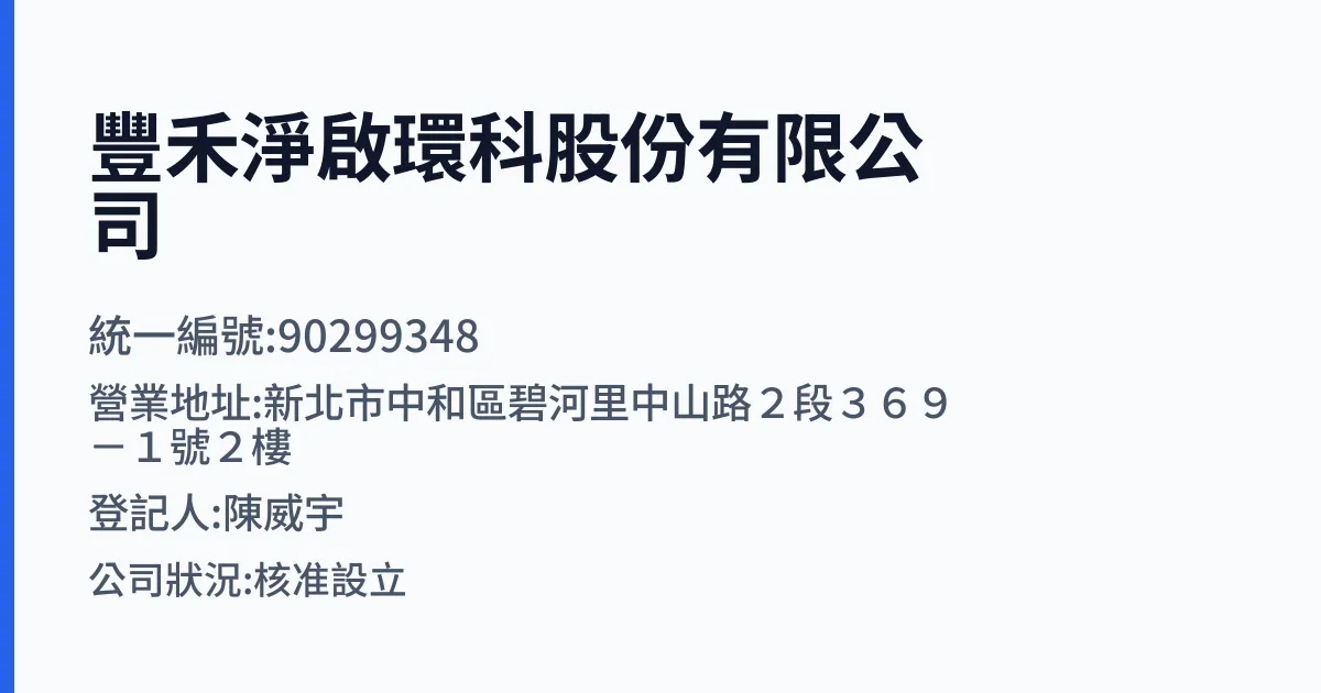 豐禾淨啟環科股份有限公司 - 統編 90299348（新北市） 公司登記資料與營業項目詳細圖表