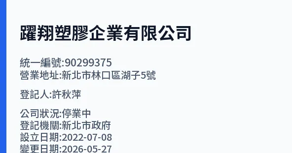 躍翔塑膠企業有限公司的照片-統編 90299375(新北市) 公司登記資料與營業項目詳細圖表