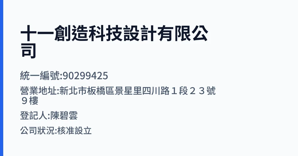 十一創造科技設計有限公司 - 統編 90299425(新北市) 公司登記資料與營業項目詳細圖表