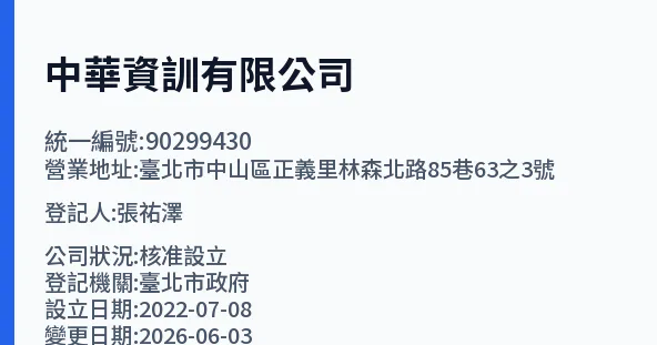 中華資訓有限公司的照片-統編 90299430(臺北市) 公司登記資料與營業項目詳細圖表