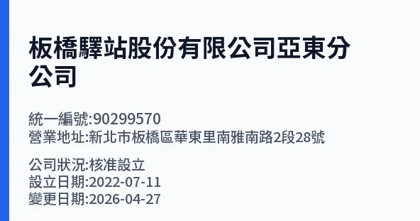 板橋驛站股份有限公司亞東分公司的照片-統編 90299570(新北市) 公司登記資料與營業項目詳細圖表