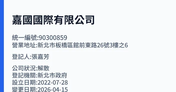 嘉國國際有限公司的照片-統編 90300859(新北市) 公司登記資料與營業項目詳細圖表