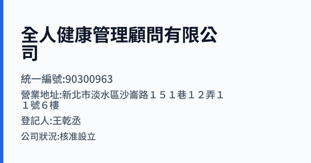全人健康管理顧問有限公司 - 統編 90300963(新北市) 公司登記資料與營業項目詳細圖表