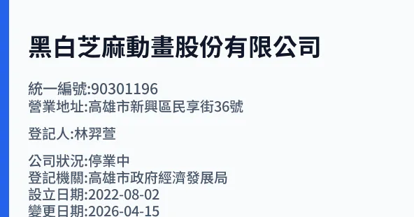 黑白芝麻動畫股份有限公司的照片-統編 90301196(高雄市) 公司登記資料與營業項目詳細圖表