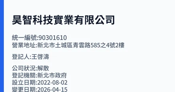 昊智科技實業有限公司的照片-統編 90301610(新北市) 公司登記資料與營業項目詳細圖表