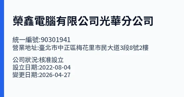 榮鑫電腦有限公司光華分公司的照片-統編 90301941(臺北市) 公司登記資料與營業項目詳細圖表