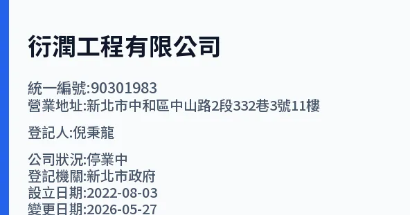 衍潤工程有限公司的照片-統編 90301983(新北市) 公司登記資料與營業項目詳細圖表