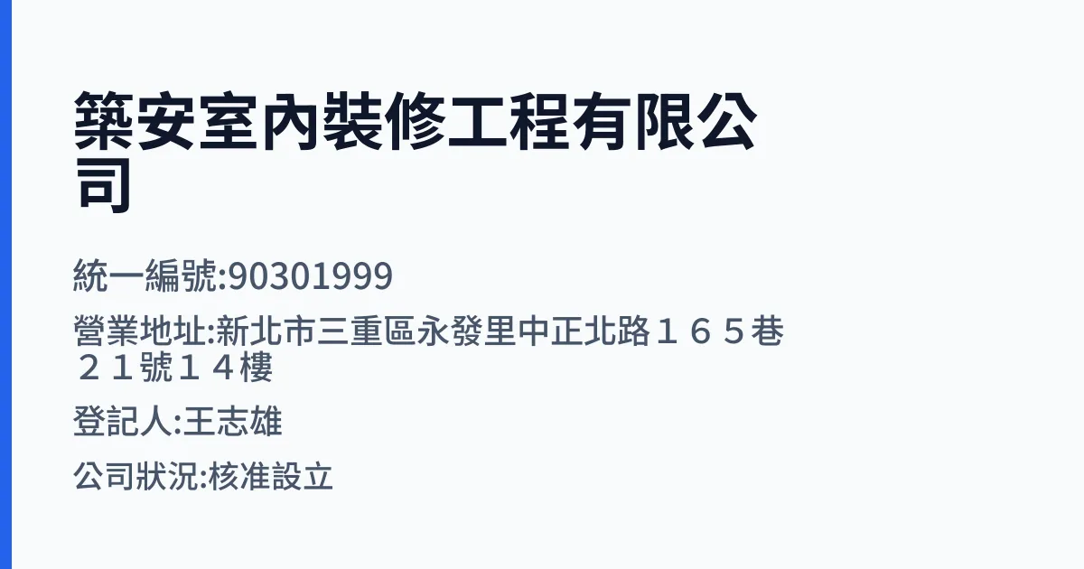 築安室內裝修工程有限公司 - 統編 90301999(新北市) 公司登記資料與營業項目詳細圖表