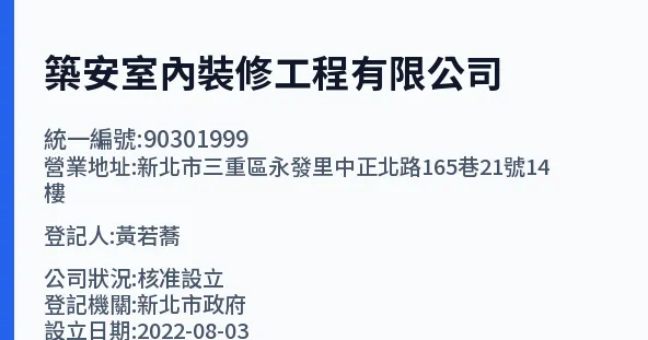 築安室內裝修工程有限公司的照片-統編 90301999(新北市) 公司登記資料與營業項目詳細圖表