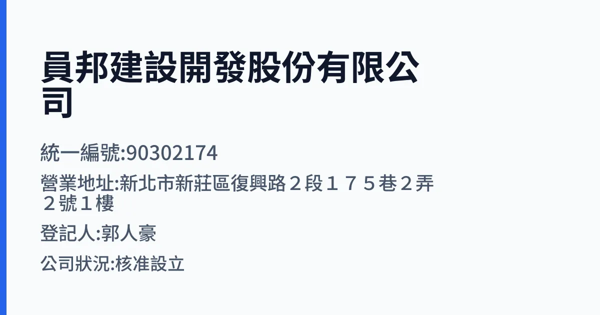 員邦建設開發股份有限公司 - 統編 90302174(新北市) 公司登記資料與營業項目詳細圖表