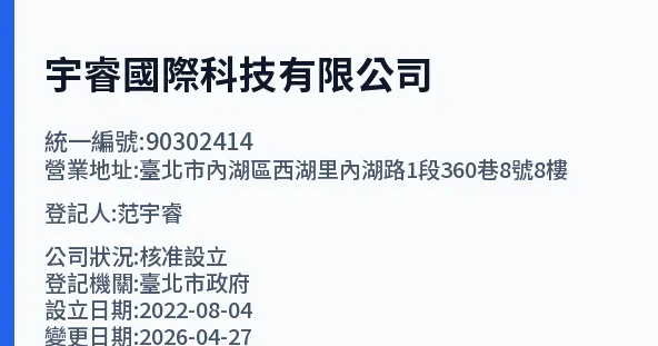 宇睿國際科技有限公司的照片-統編 90302414(臺北市) 公司登記資料與營業項目詳細圖表