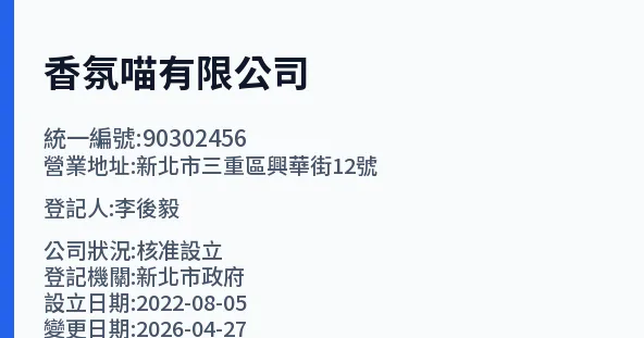 香氛喵有限公司的照片-統編 90302456(新北市) 公司登記資料與營業項目詳細圖表