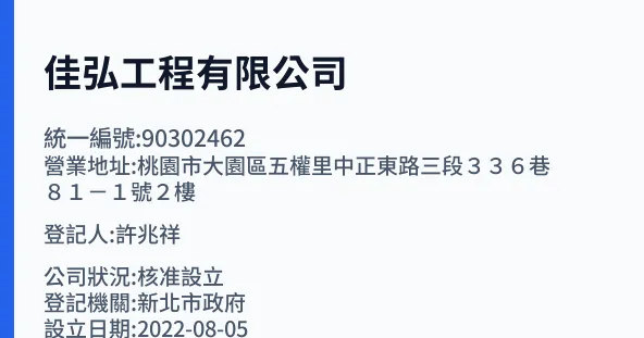 佳弘工程有限公司的照片-統編 90302462(新北市) 公司登記資料與營業項目詳細圖表