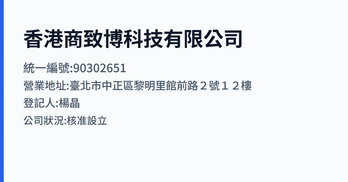 香港商致博科技有限公司 - 統編 90302651(臺北市) 公司登記資料與營業項目詳細圖表