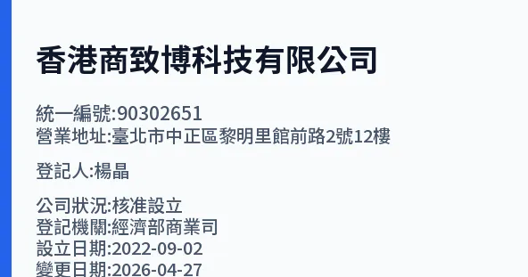 香港商致博科技有限公司的照片-統編 90302651(臺北市) 公司登記資料與營業項目詳細圖表