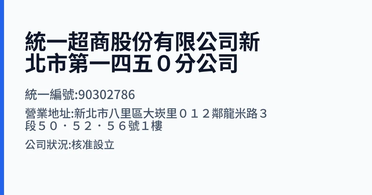 統一超商股份有限公司新北市第一四五0分公司 - 統編 90302786(新北市) 公司登記資料與營業項目詳細圖表