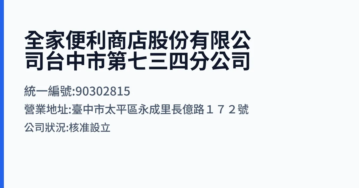 全家便利商店股份有限公司台中市第七三四分公司 - 統編 90302815(臺中市) 公司登記資料與營業項目詳細圖表