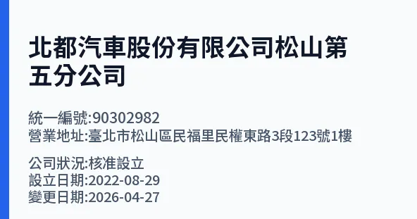 北都汽車股份有限公司松山第五分公司的照片-統編 90302982(臺北市) 公司登記資料與營業項目詳細圖表