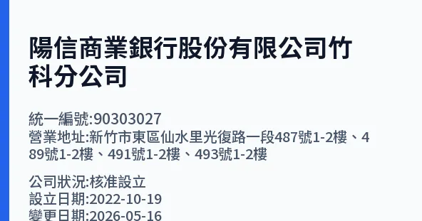 陽信商業銀行股份有限公司竹科分公司的照片-統編 90303027(新竹市) 公司登記資料與營業項目詳細圖表