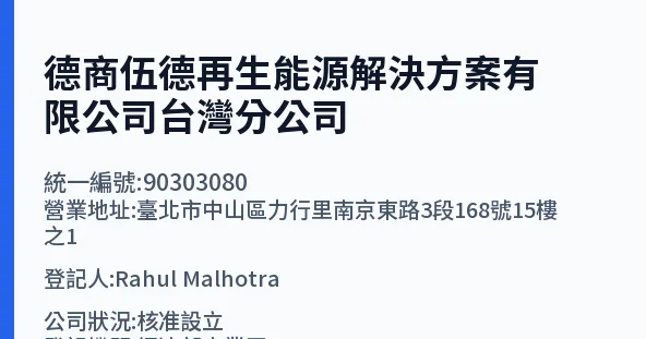 德商伍德再生能源解決方案有限公司台灣分公司的照片-統編 90303080(臺北市) 公司登記資料與營業項目詳細圖表
