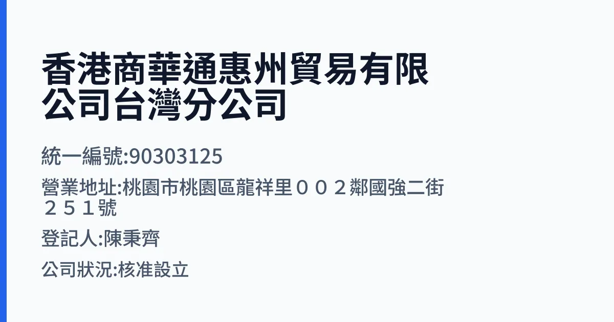 香港商華通惠州貿易有限公司台灣分公司 - 統編 90303125(桃園市) 公司登記資料與營業項目詳細圖表