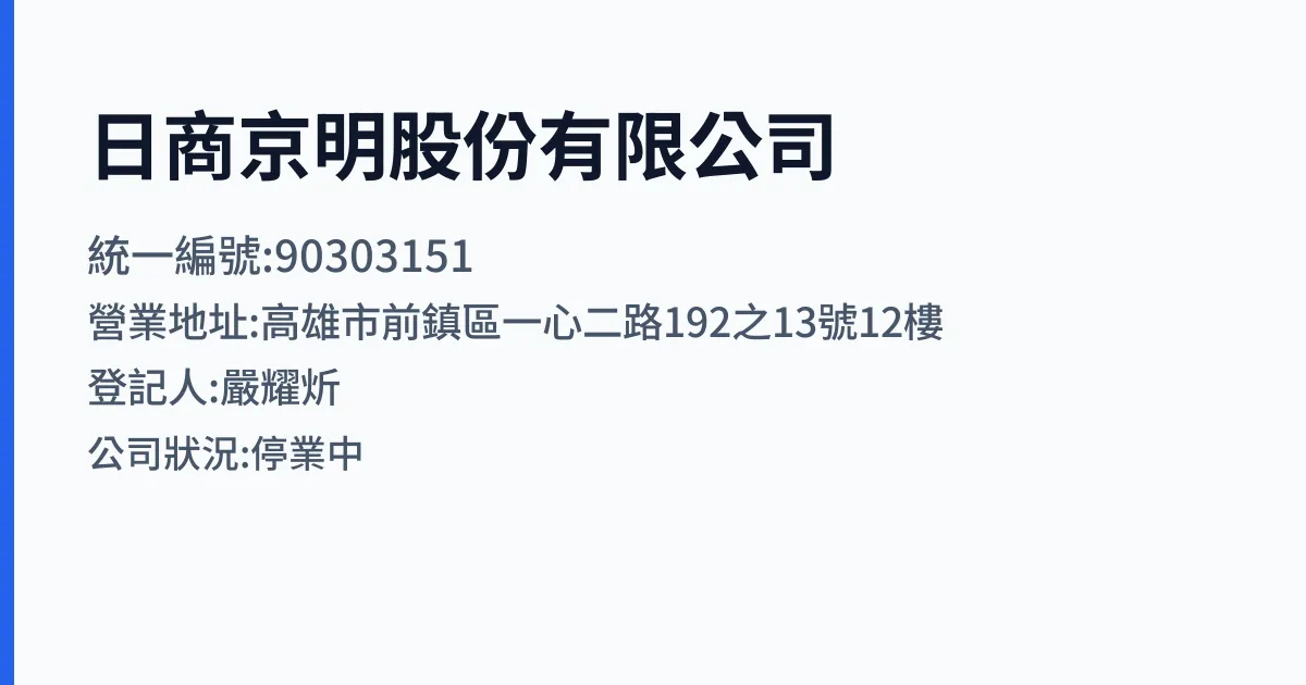 日商京明股份有限公司 - 統編 90303151(高雄市) 公司登記資料與營業項目詳細圖表