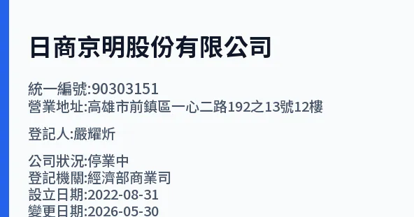 日商京明股份有限公司的照片-統編 90303151(高雄市) 公司登記資料與營業項目詳細圖表