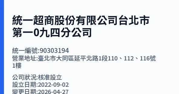 統一超商股份有限公司台北市第一0九四分公司的照片-統編 90303194(臺北市) 公司登記資料與營業項目詳細圖表